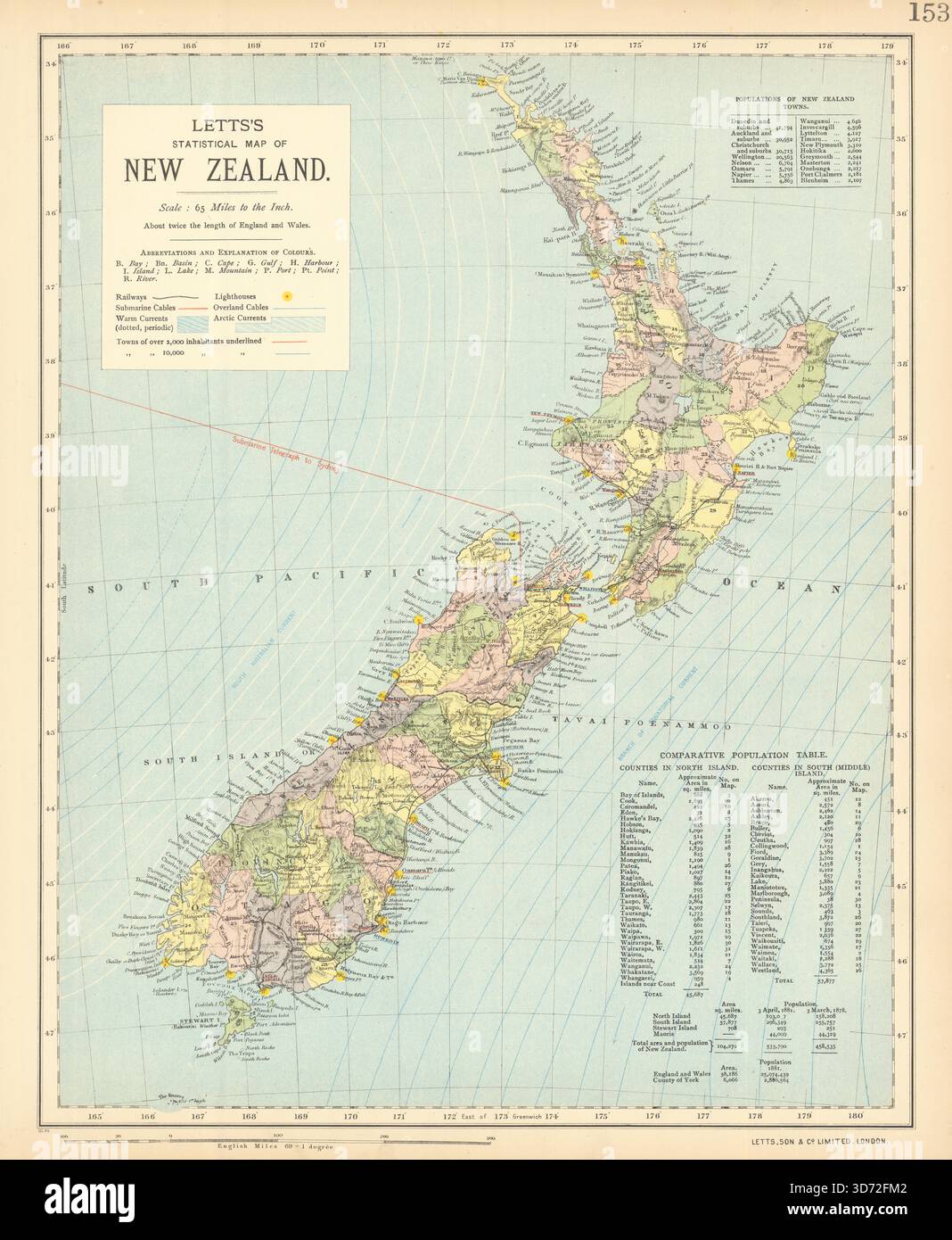 NEW ZEALAND Lighthouses railways telegraph cables ocean currents. LETTS ...