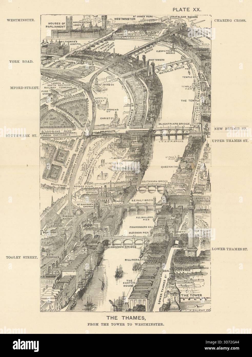 River Thames bird's eye view. Tower of London to Westminster. SULMAN ...