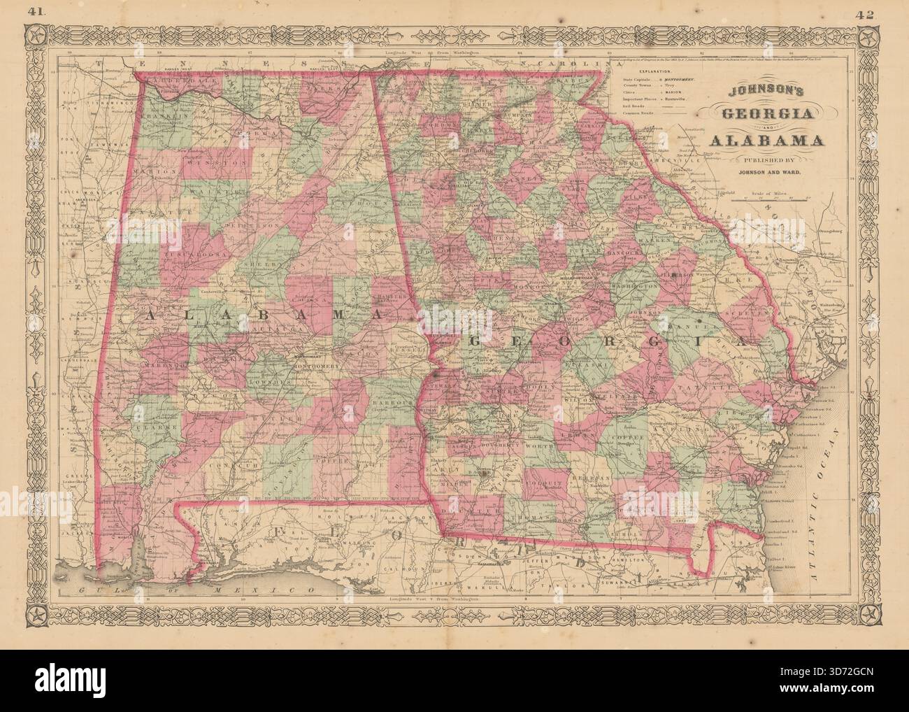 Johnson's Georgia & Alabama. US state map showing counties 1865 old ...