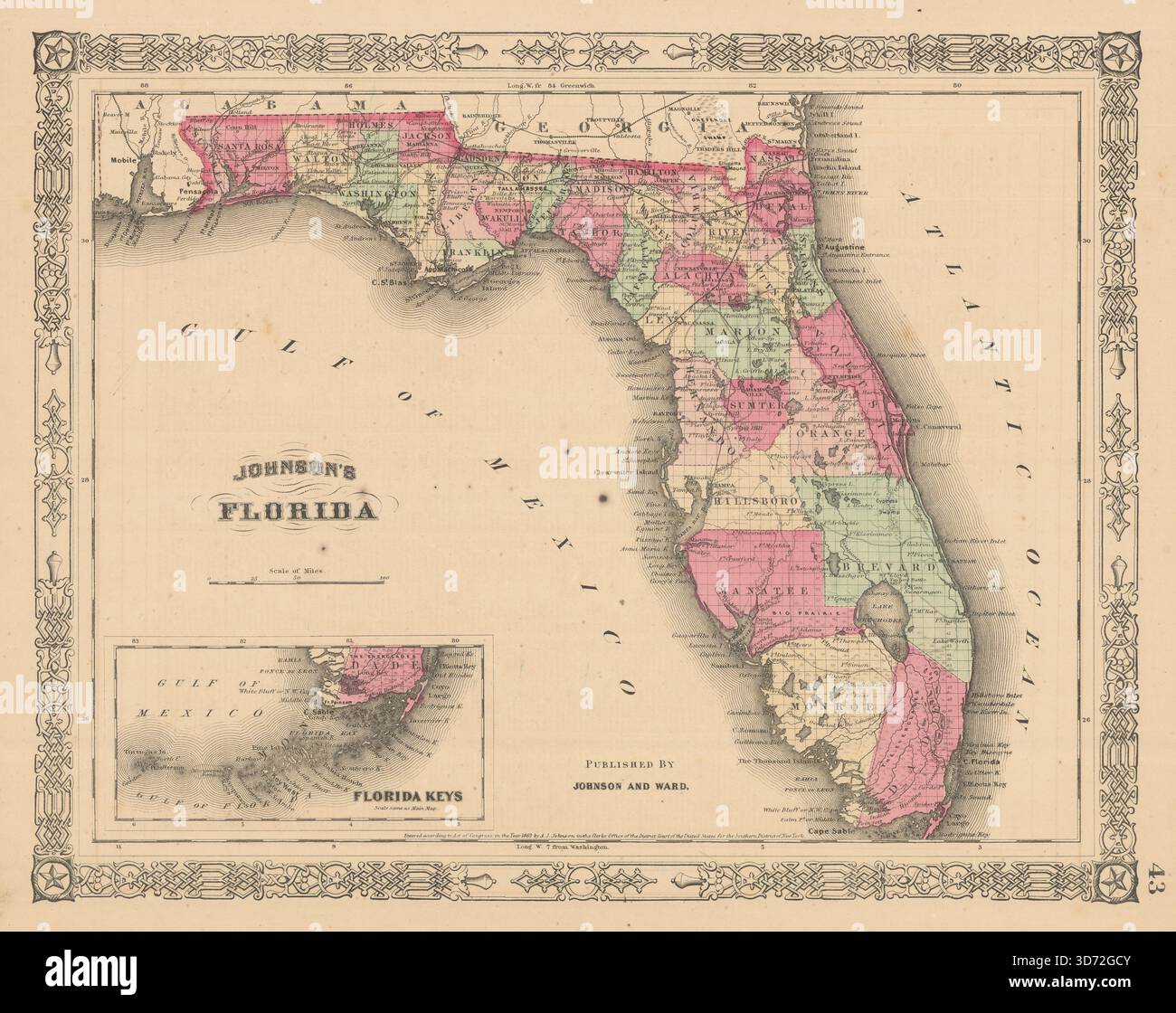 Johnson's Florida. Florida Keys. US state map showing counties 1865 old ...