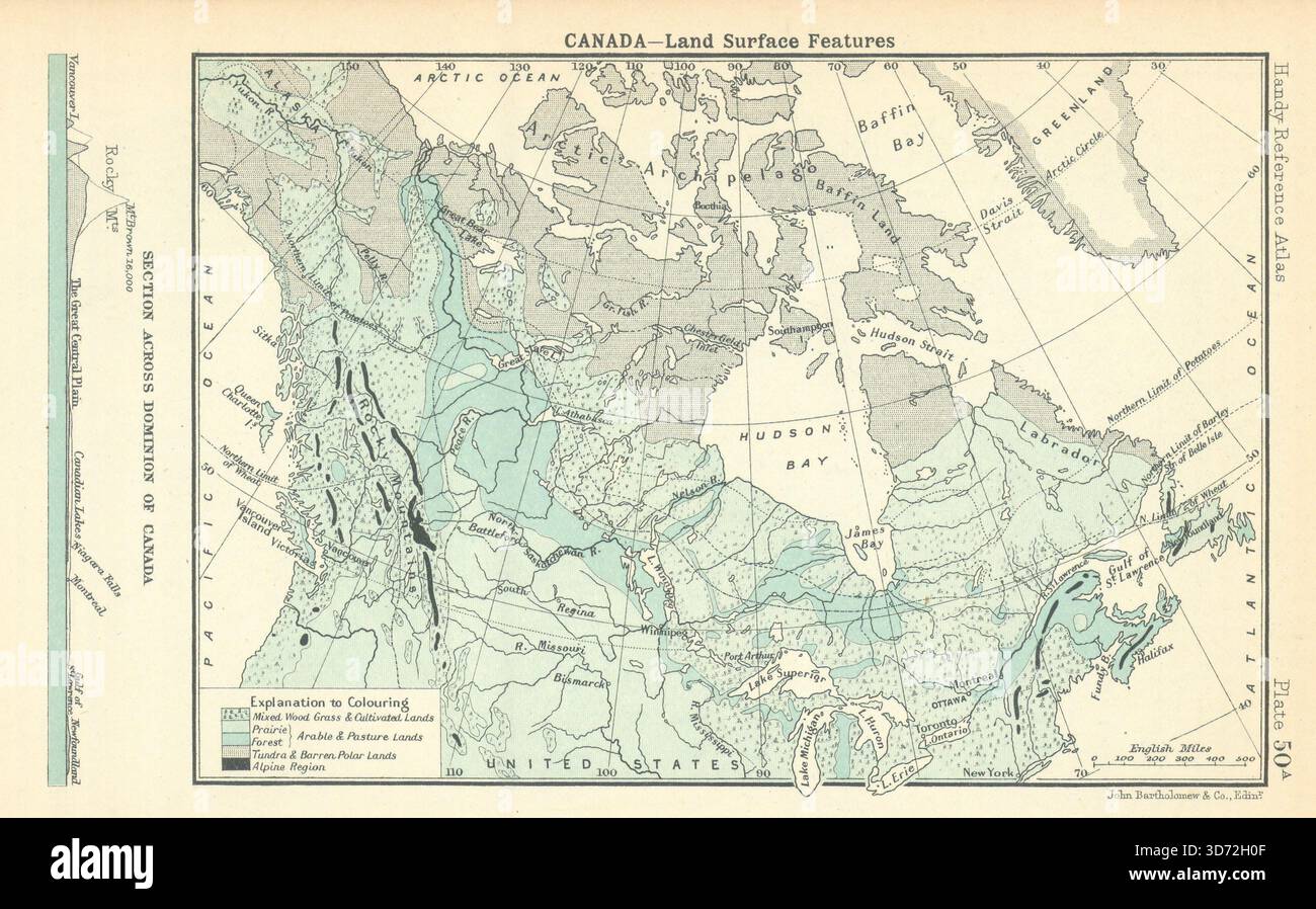Canada - Land Surface Features. Section across Canada. BARTHOLOMEW 1909 ...