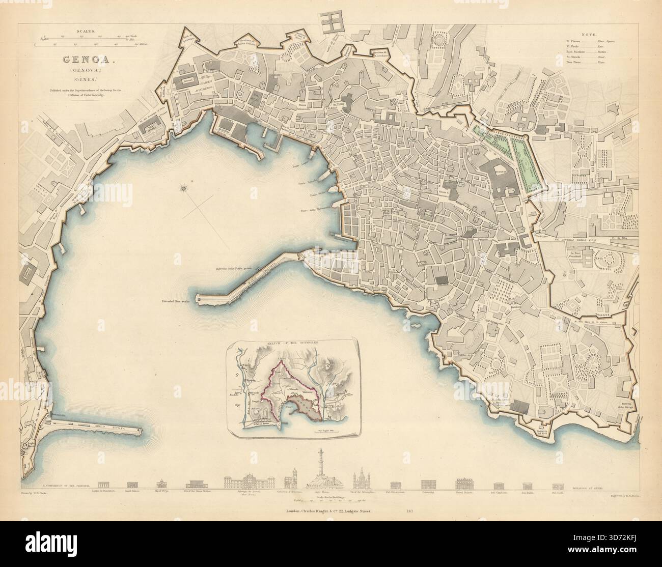 GENOVA GENOA GÊNES GÈNES. Antique town city map plan. Inset outworks ...