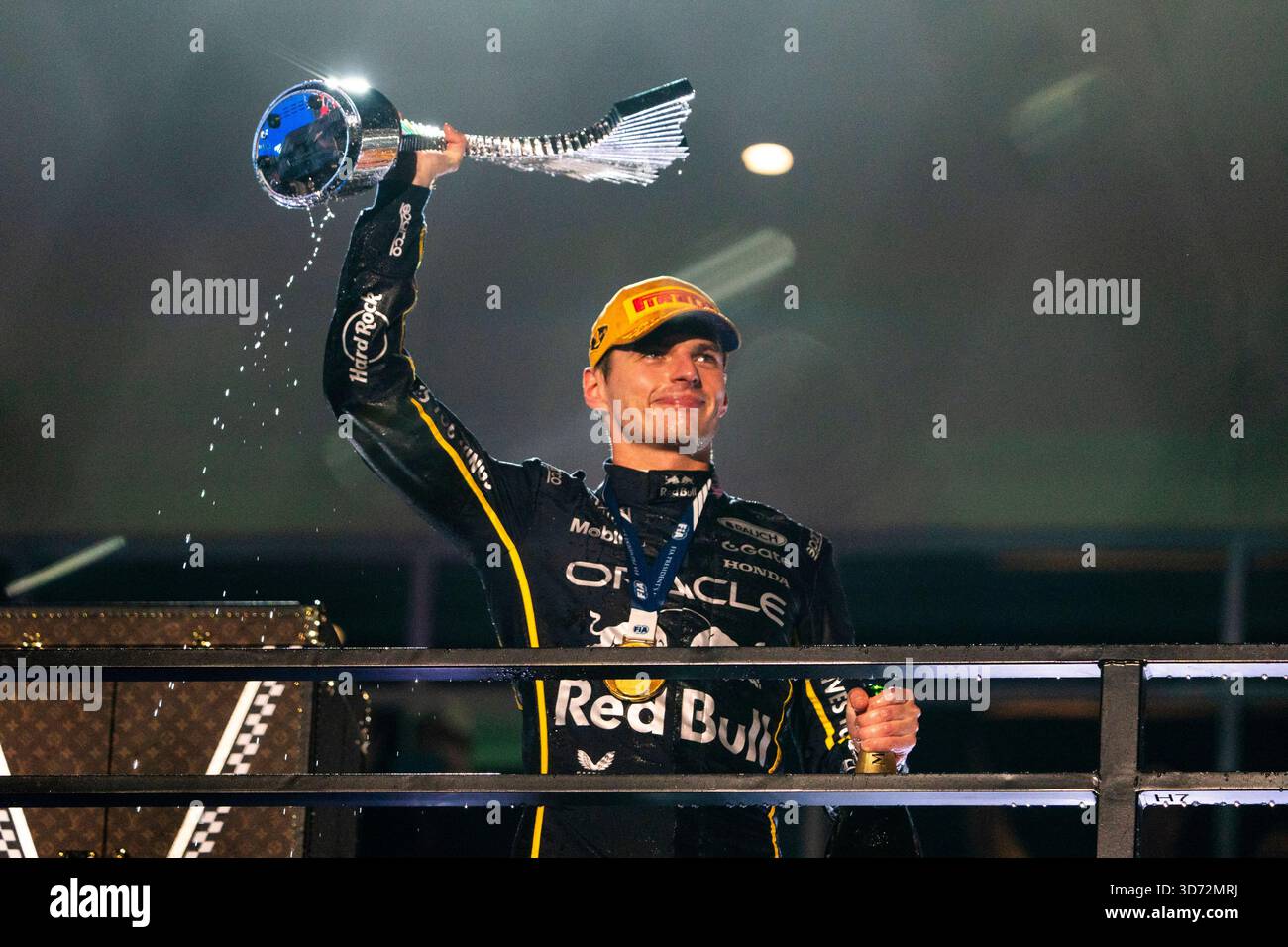 Dutch Formula One driver Max Verstappen of Red Bull Racing holds his ...