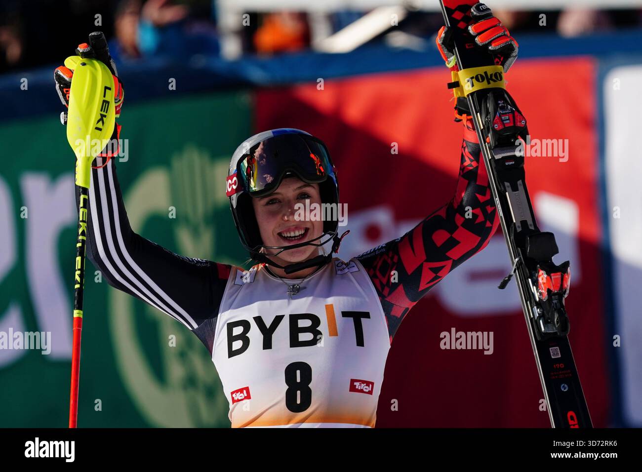 Albania's Lara Colturi celebrates taking second place in an alpine ski ...