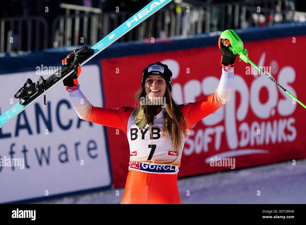 Switzerland's Camille Rast celebrates taking third place in an alpine ...