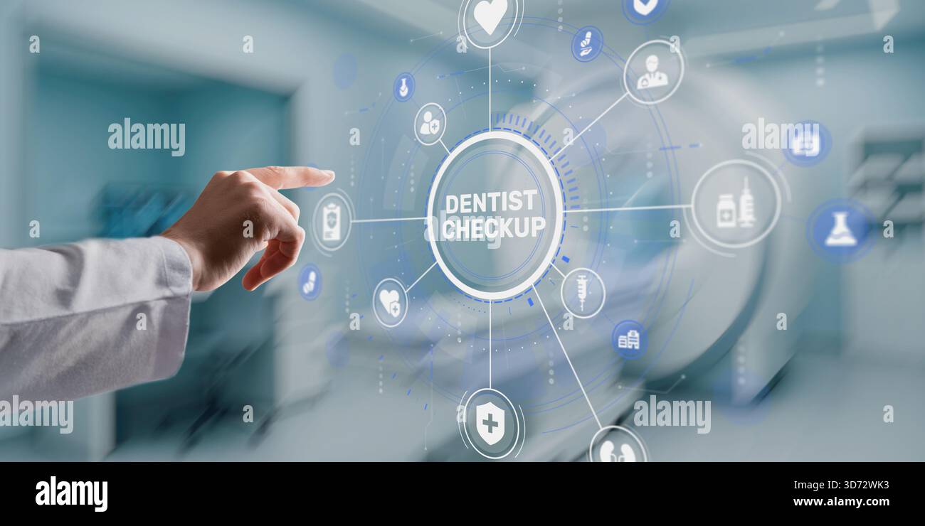 Hand pressing the DENTIST CHECKUP button on a screen in a modern ...