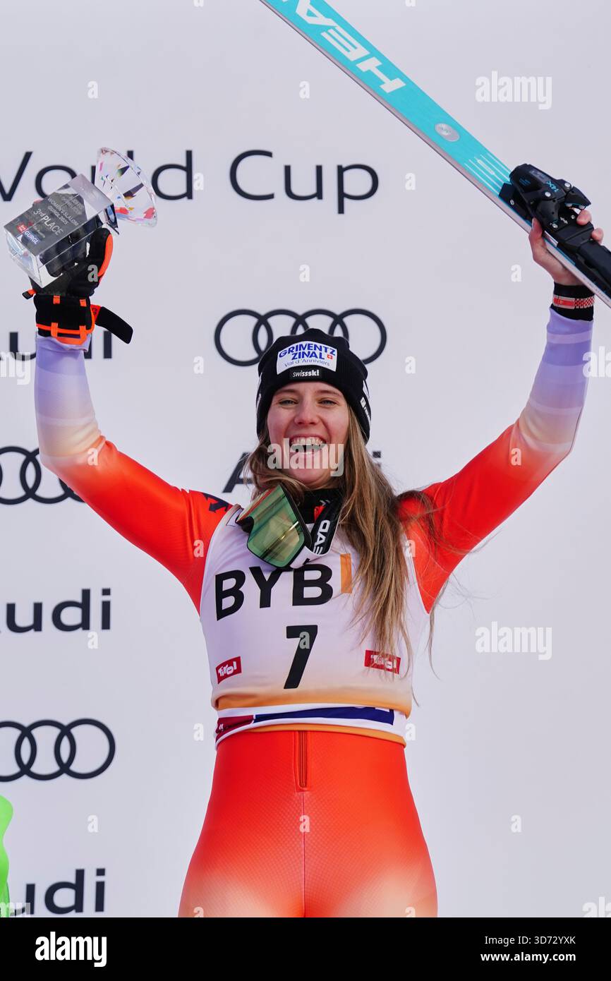 Switzerland's Camille Rast celebrates taking third place in an alpine ...