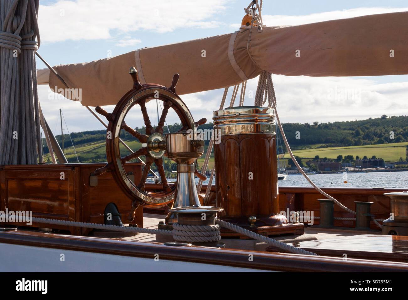 Wheel of a Fyfe built yacht at Rhu Marina, Helensburgh, Scotland Stock ...