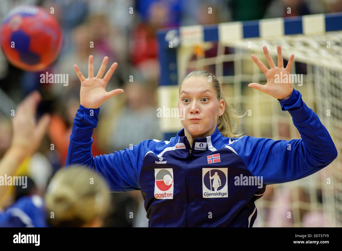 Sotra 20251123. Norway's June Cecilie Krogh before the handball match ...