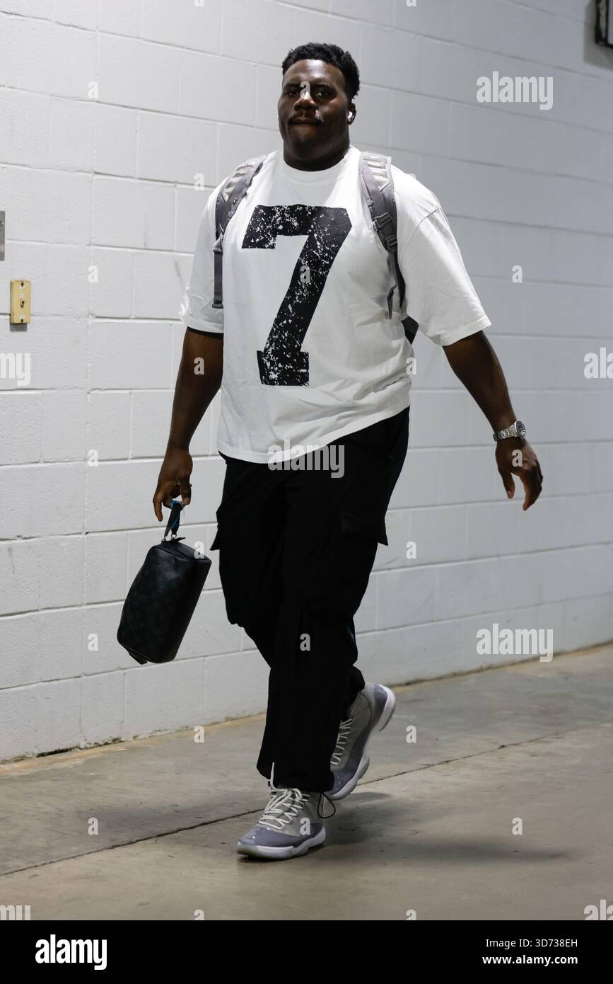 Seattle Seahawks linebacker Jared Ivey arrives at Nissan Stadium prior ...