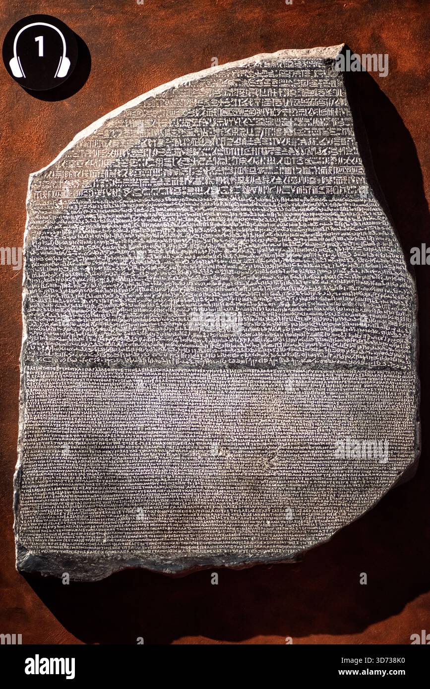 Close-up of the Rosetta Stone inscription displayed at a Tutankhamun ...