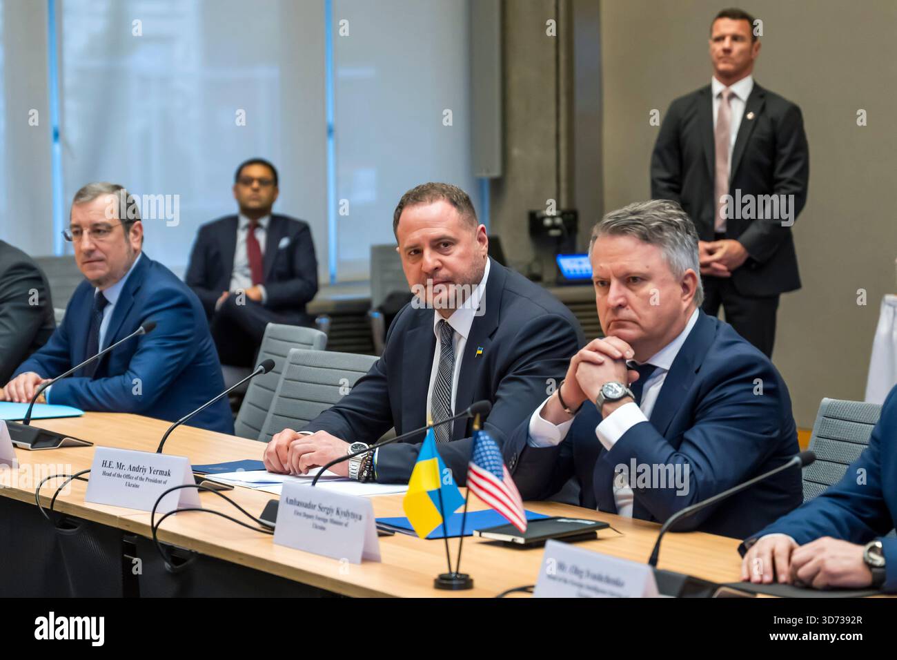 Ukrainian head of presidential administration Andriy Yermak, center, at the beginning of talks ...