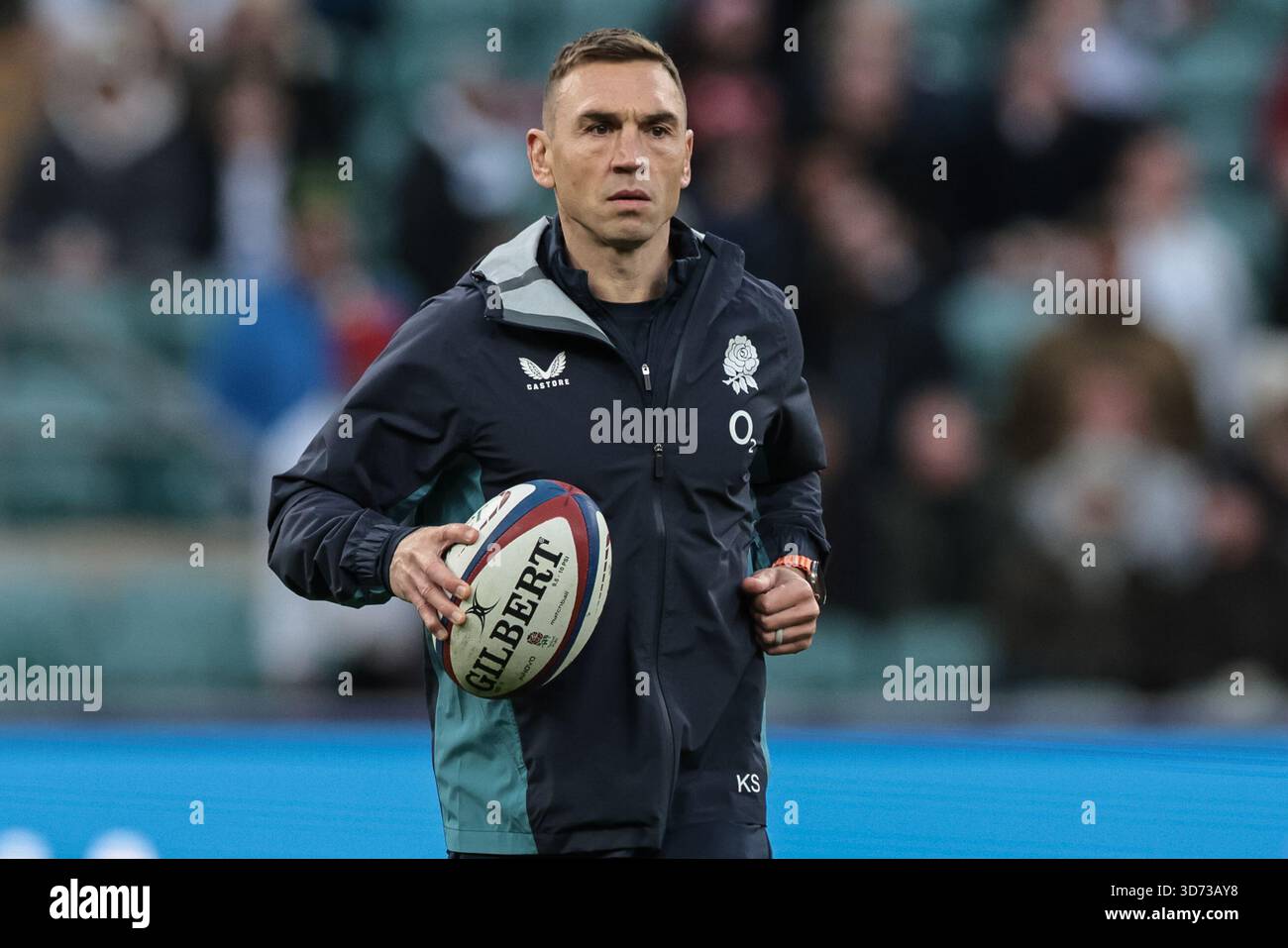 England coach Kevin Sinfield in the pre-game warm up during the Quilter ...
