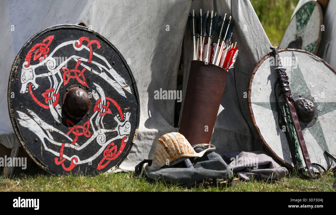 Viking shields and fighting equipment Stock Photo - Alamy