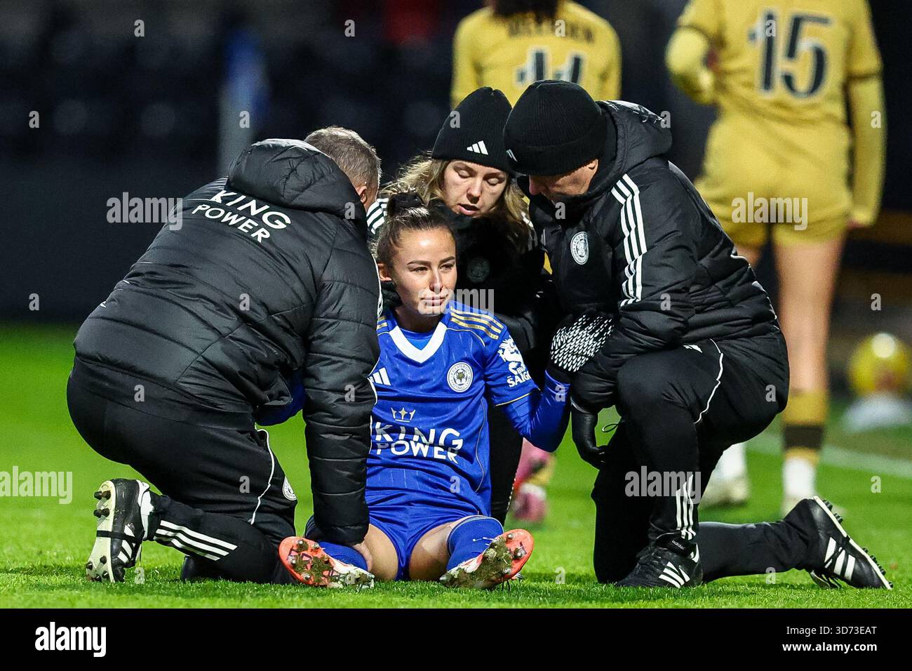 21, Hannah Cain of Leicester City receives treatment following an ...