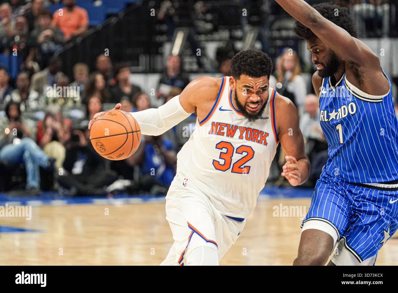 Orlando, Florida, USA, November 22, 2025, New York Knicks forward Karl-Anthony Towns #32 attempt ...