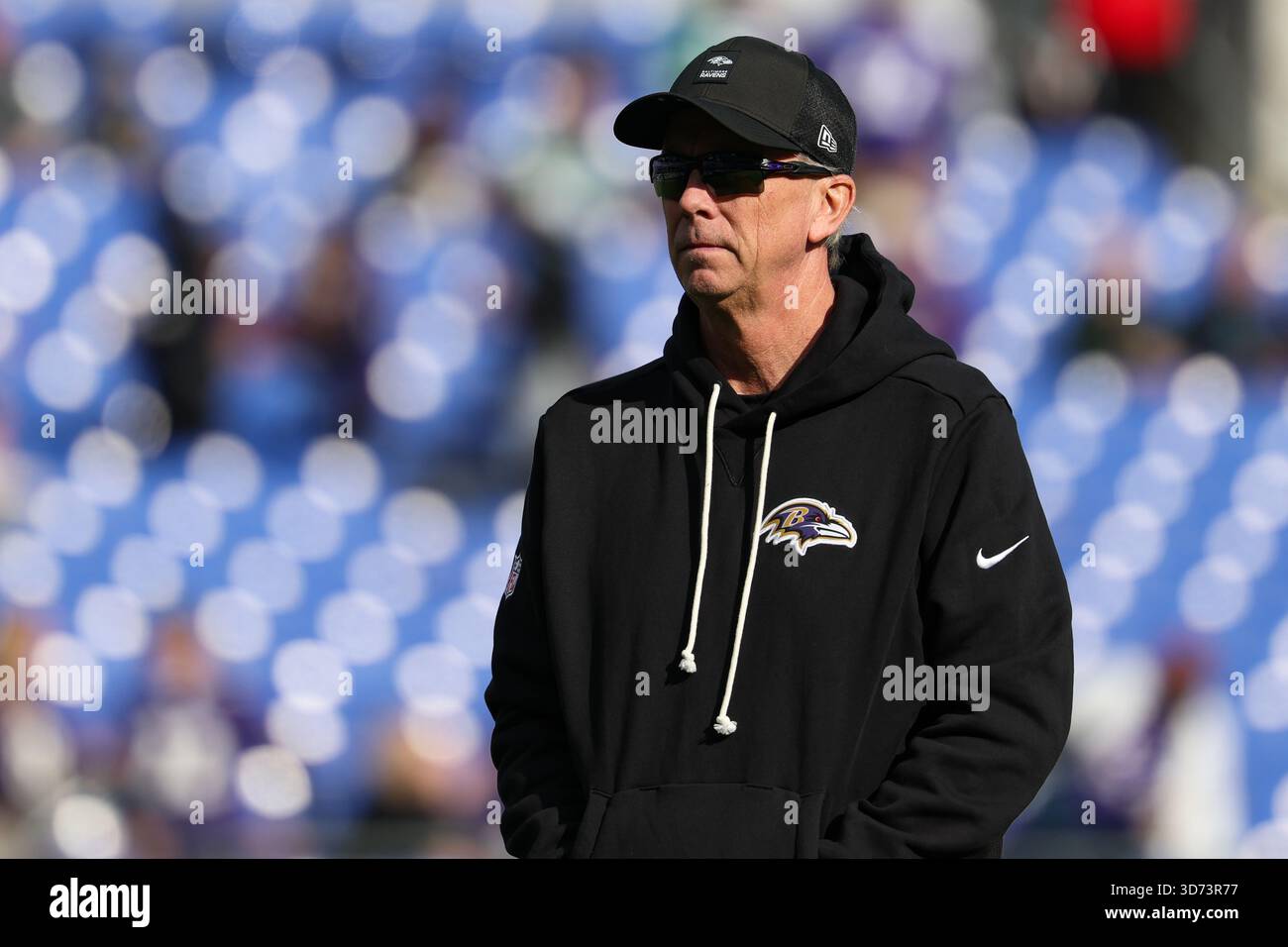 Baltimore Ravens offensive coordinator Todd Monken looks on during pre ...