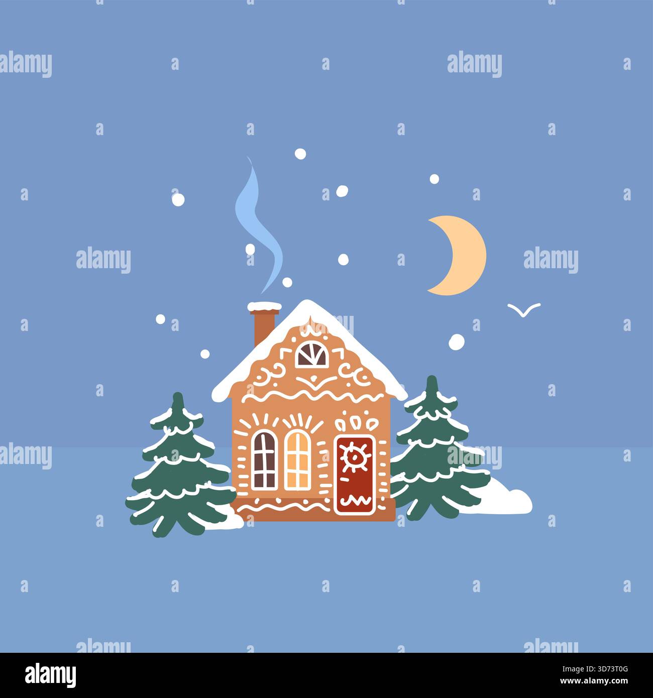 Gingerbread house in snowy winter landscape with Christmas trees, moon ...