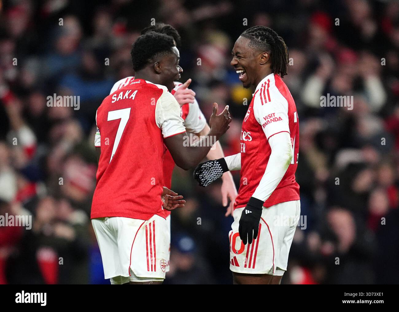 Arsenal's Eberechi Eze (right) celebrates scoring their side's fourth ...