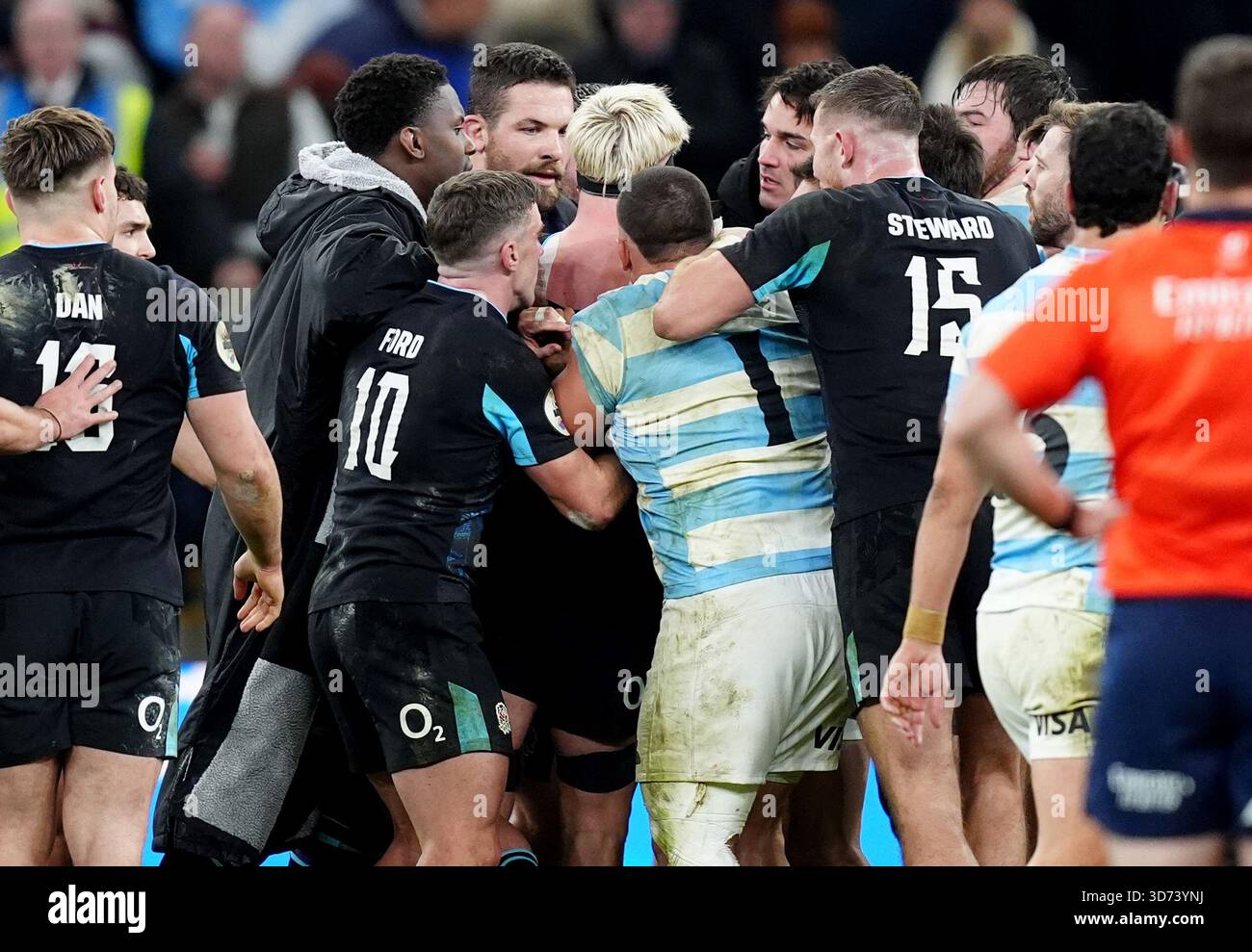 England's Henry Pollock (centre) is restrained by his team mates at the ...