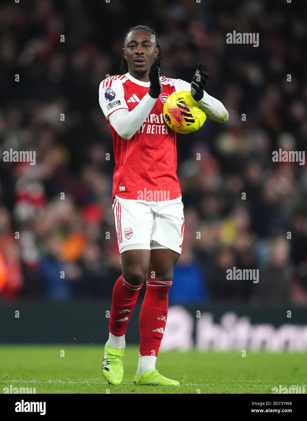 Arsenal's Eberechi Eze celebrares with his hat-trick ball following the ...