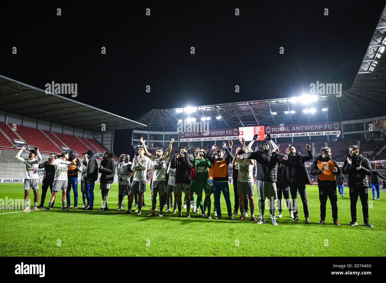 FCV Dender EH players celebrate after winning a soccer match between ...