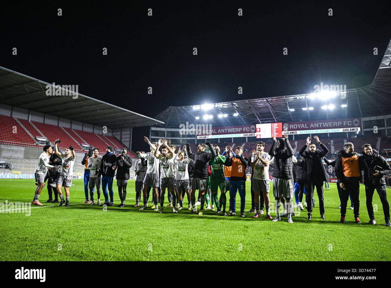 FCV Dender EH players celebrate after winning a soccer match between ...