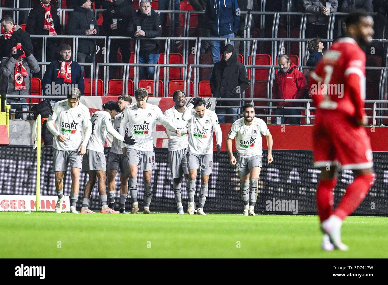 Dender's Ragnar Oratmangoen celebrates after scoring during a soccer ...
