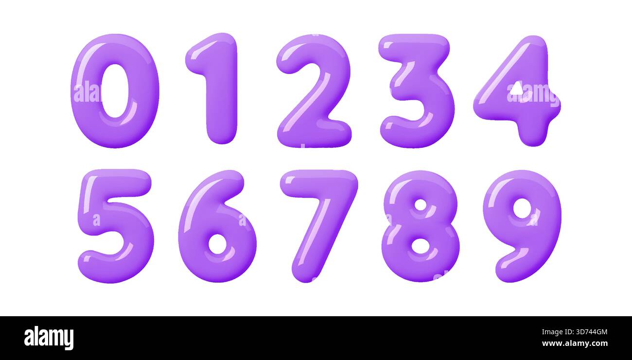 Cute glossy 3D number set in soft purple bubble style. Bright purple ...