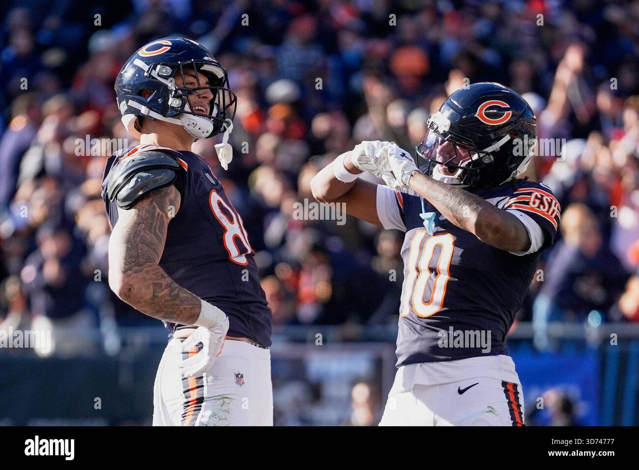 Chicago Bears tight end Colston Loveland (84) celebrates his touchdown ...