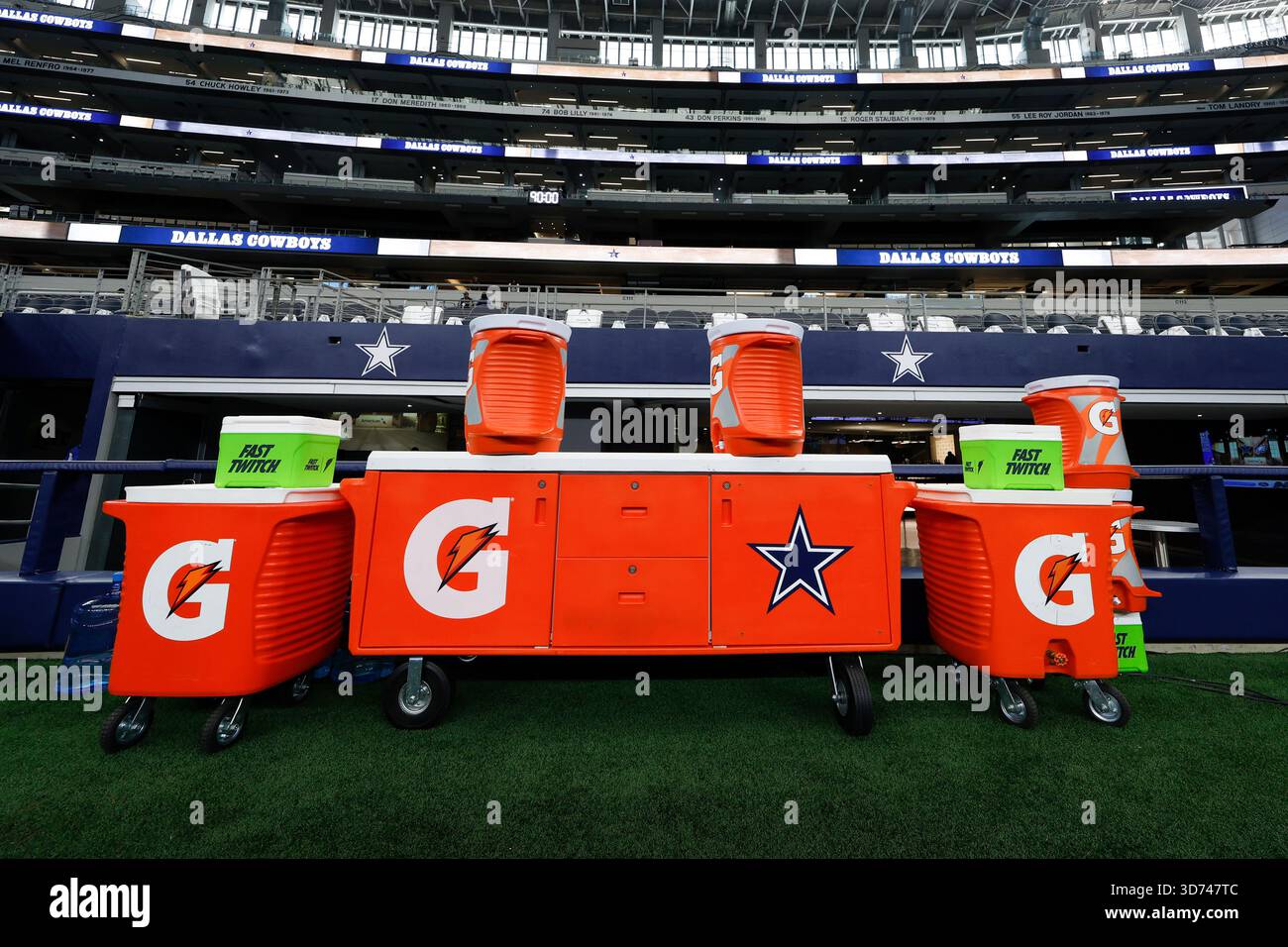 The Gatorade Coolers and table at AT&T Stadium before a NFL football ...