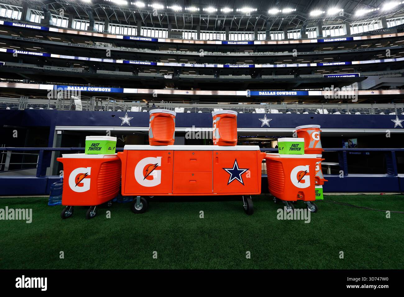The Gatorade Coolers and table at AT&T Stadium before a NFL football ...