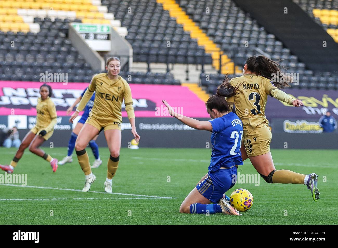 27, Shannon O'Brien of Leicester City goes down as she is challenged by ...