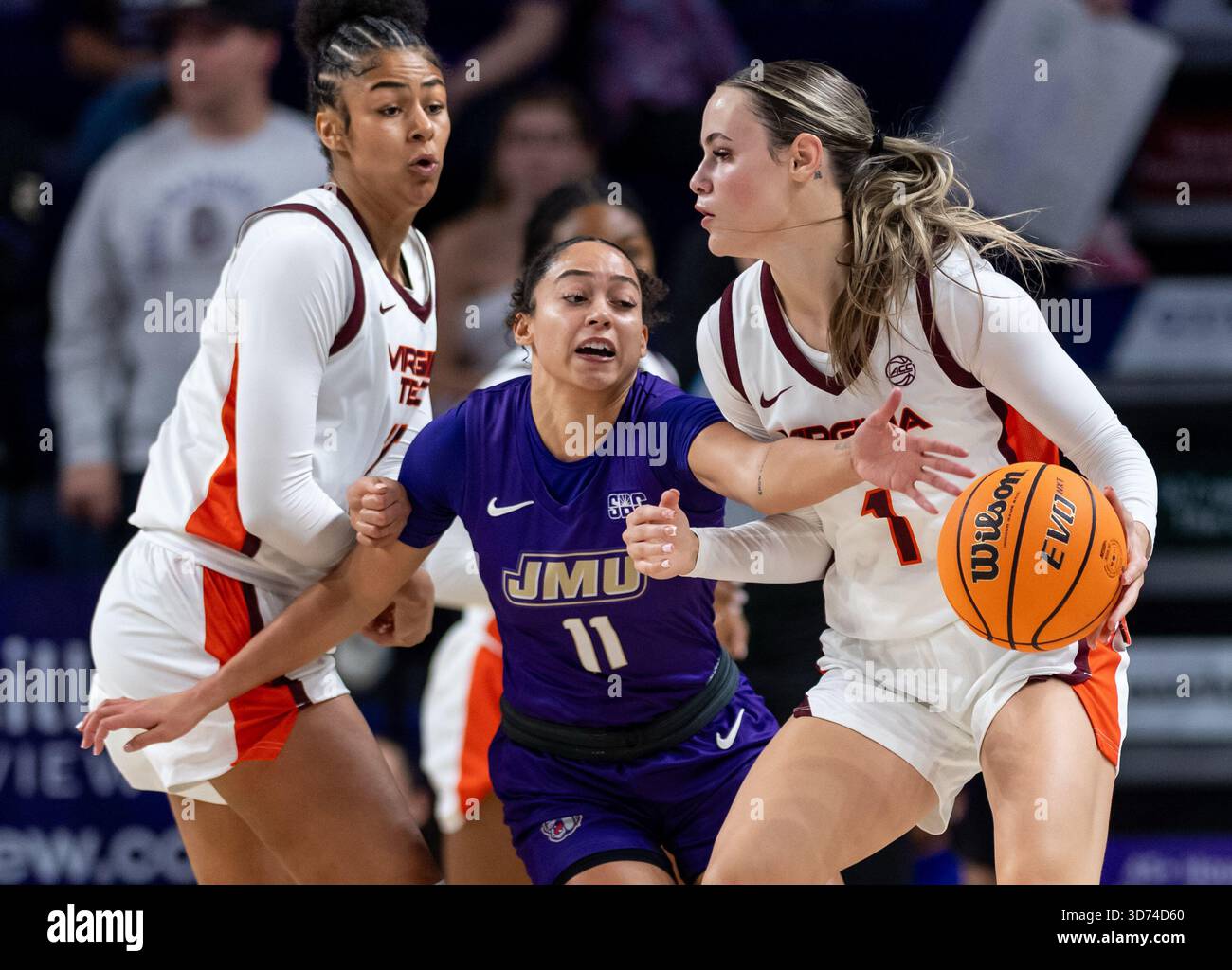 James Madison guard Bree Robinson (11) tries to make the steal on ...