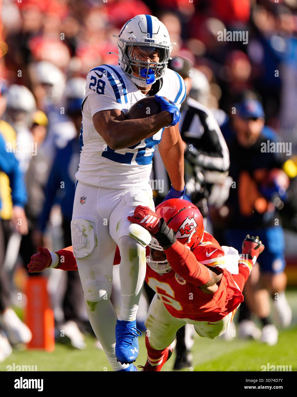 Indianapolis Colts running back Jonathan Taylor (28) is tackled by ...