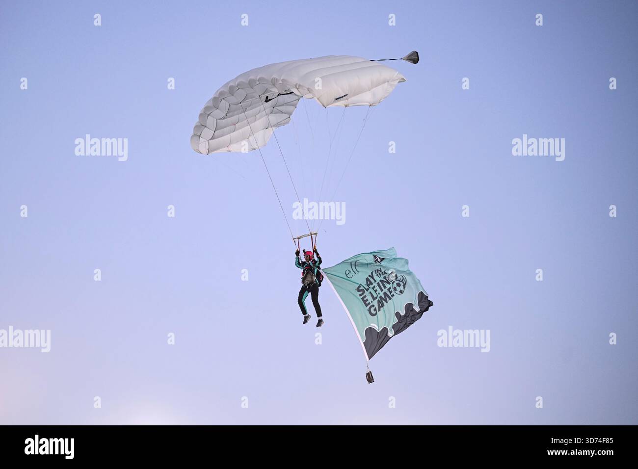 Parachuter of e.l.f. lands on the pitch prior before a NWSL women's ...