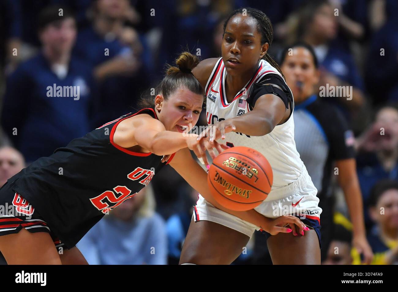Utah forward Reese Ross, left, and UConn guard Blanca Quinonez, right ...
