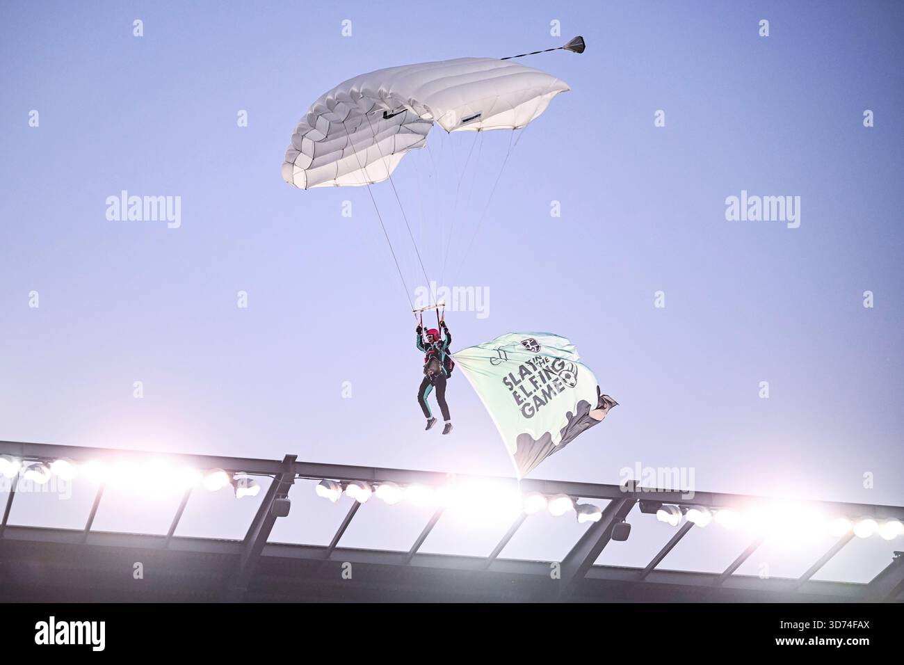 Parachuter of e.l.f. lands on the pitch prior before a NWSL women's ...