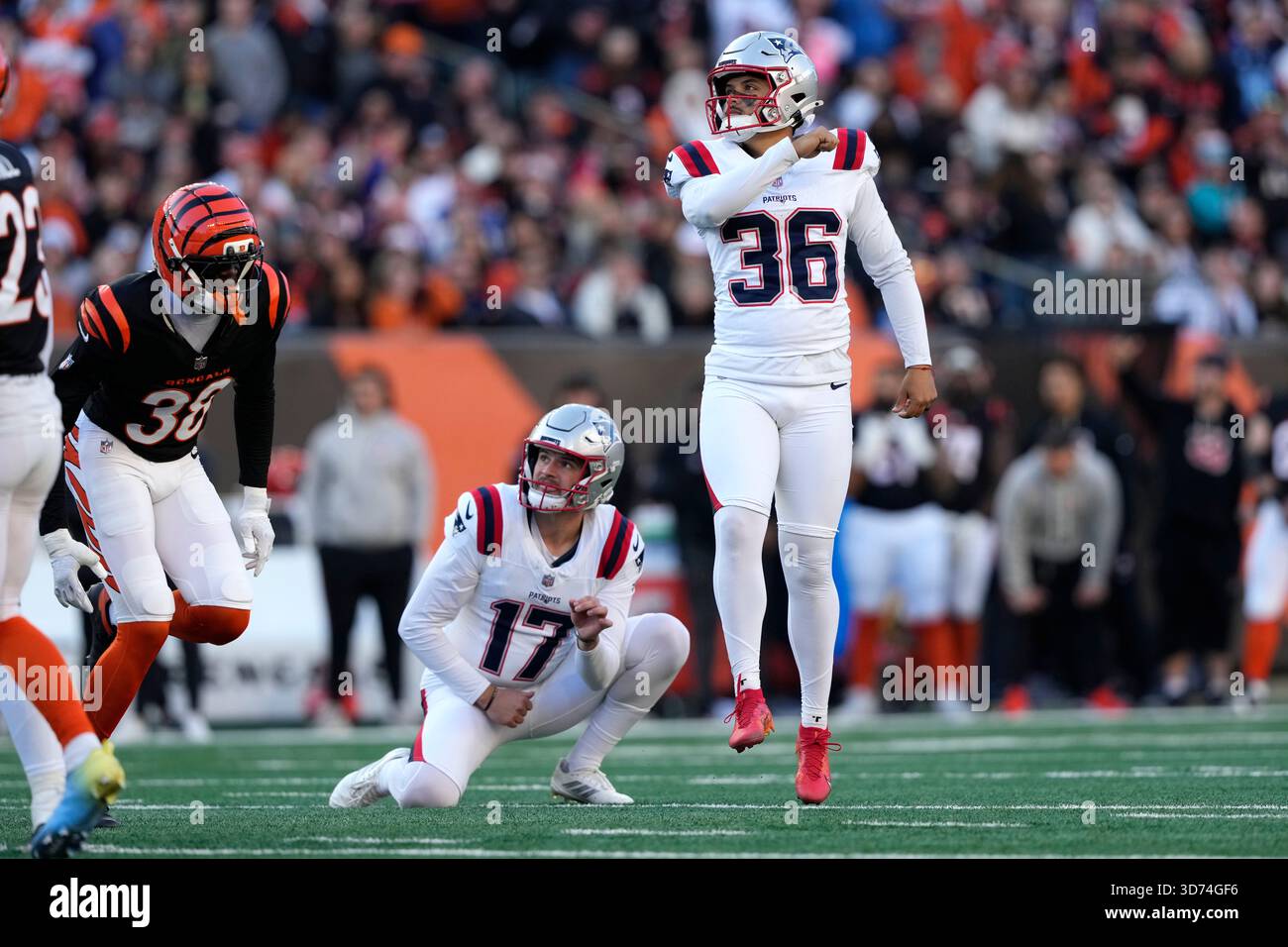 New England Patriots place kicker Andy Borregales (36) reacts after ...