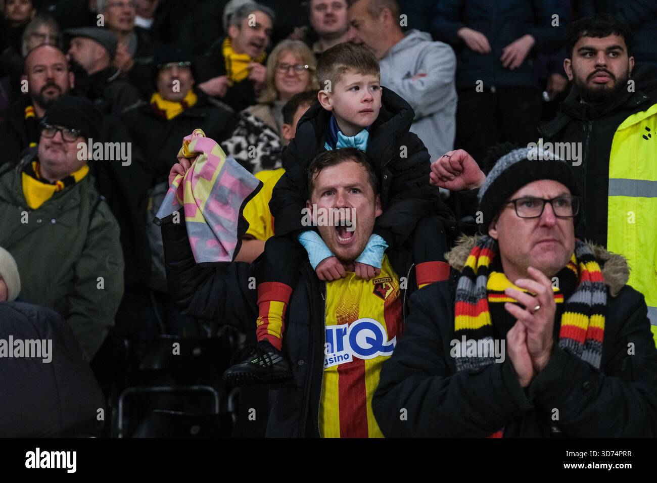 Derby, UK. 22nd Nov, 2025. Watford FC fans celebrate during the EFL ...
