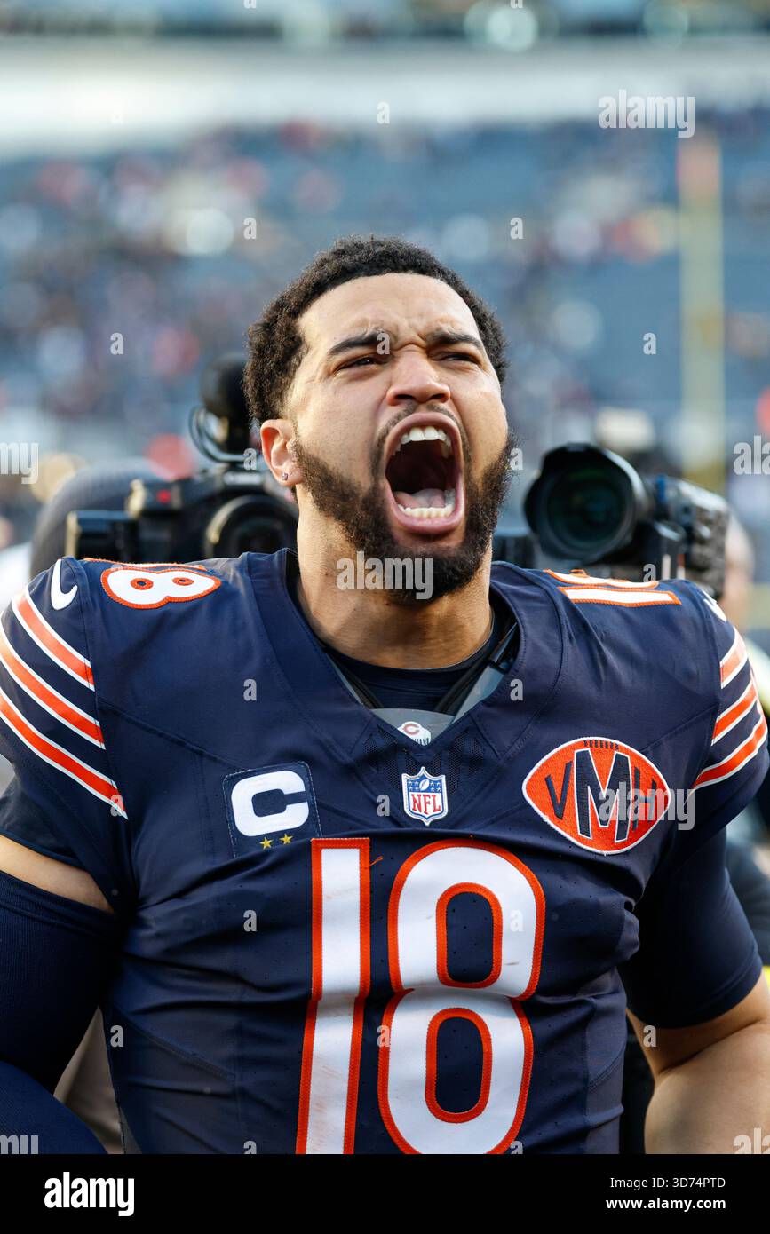 Chicago Bears quarterback Caleb Williams (18) celebrates after an NFL ...