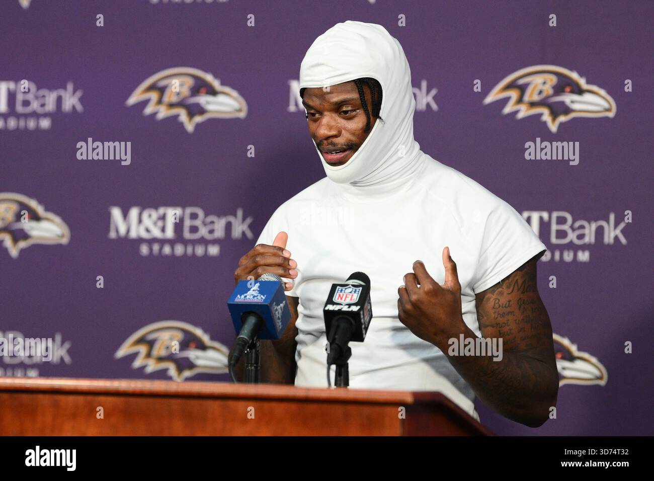 Baltimore Ravens quarterback Lamar Jackson speaks during a news ...
