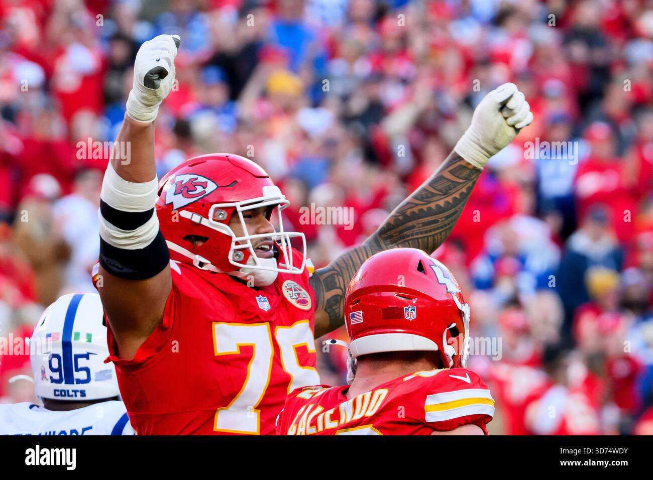 Kansas City Chiefs offensive tackle Kingsley Suamataia (76) celebrates ...