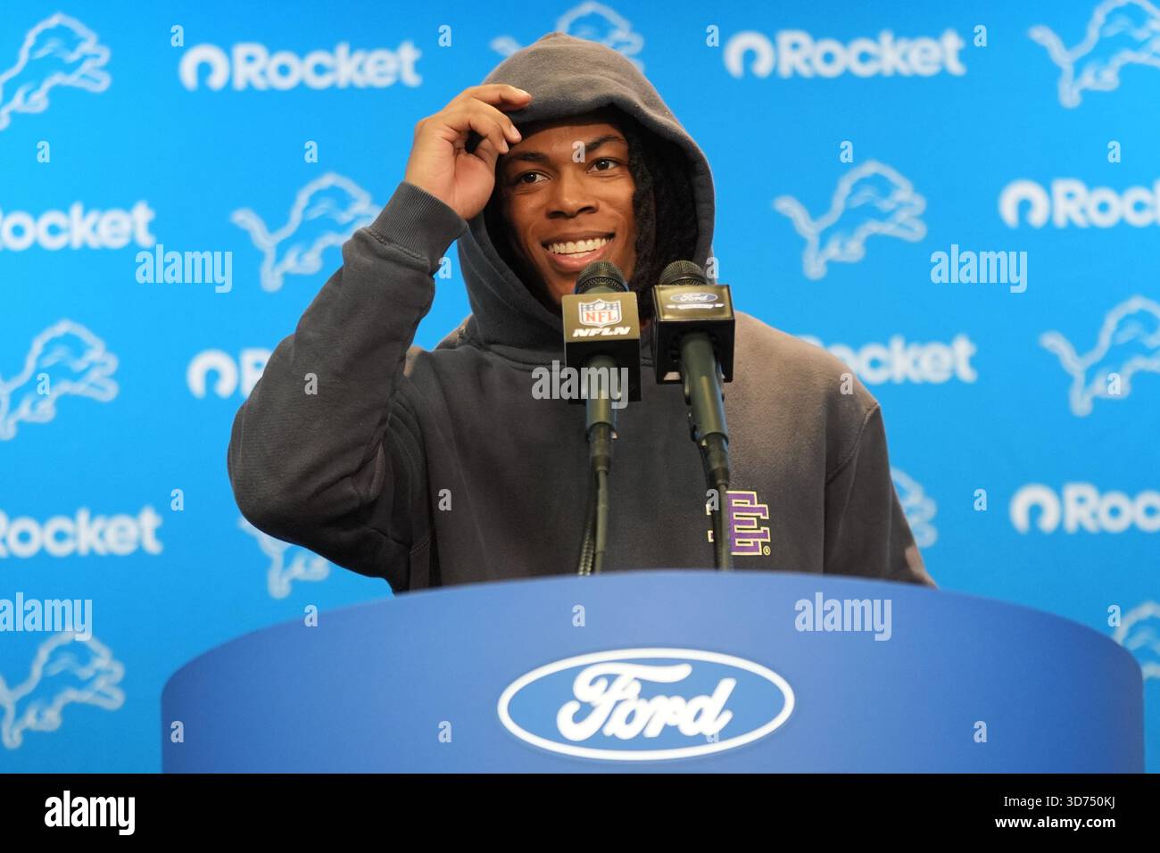 Detroit Lions running back Jahmyr Gibbs speaks to the media after an ...