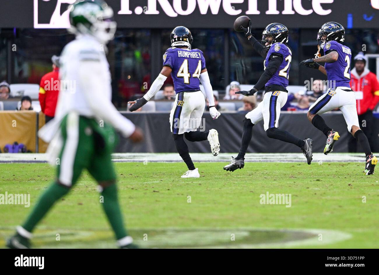 Baltimore Ravens cornerback T.J. Tampa JR. (27) celebrates his first ...
