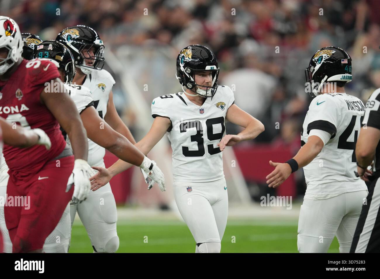Jacksonville Jaguars place kicker Cam Little (39) celebrates after a ...