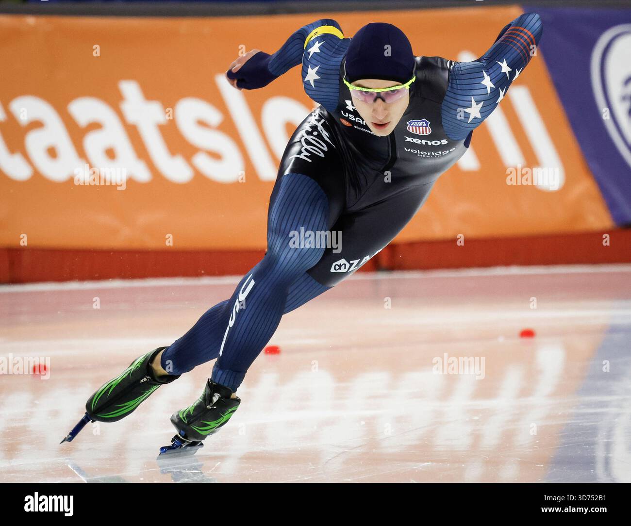 Jordan Stolz, of United States, skates during the men's 500-meter ...