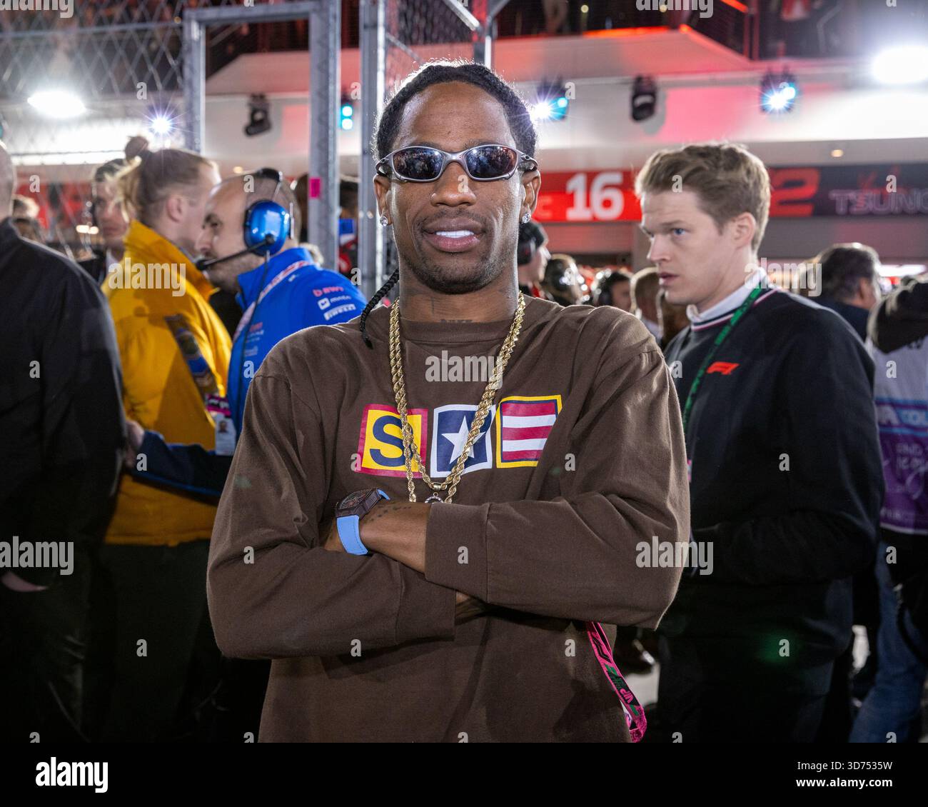Travis Scott attends the grid during the Grand Prix at Formula 1 in Las Vegas, Nevada on ...