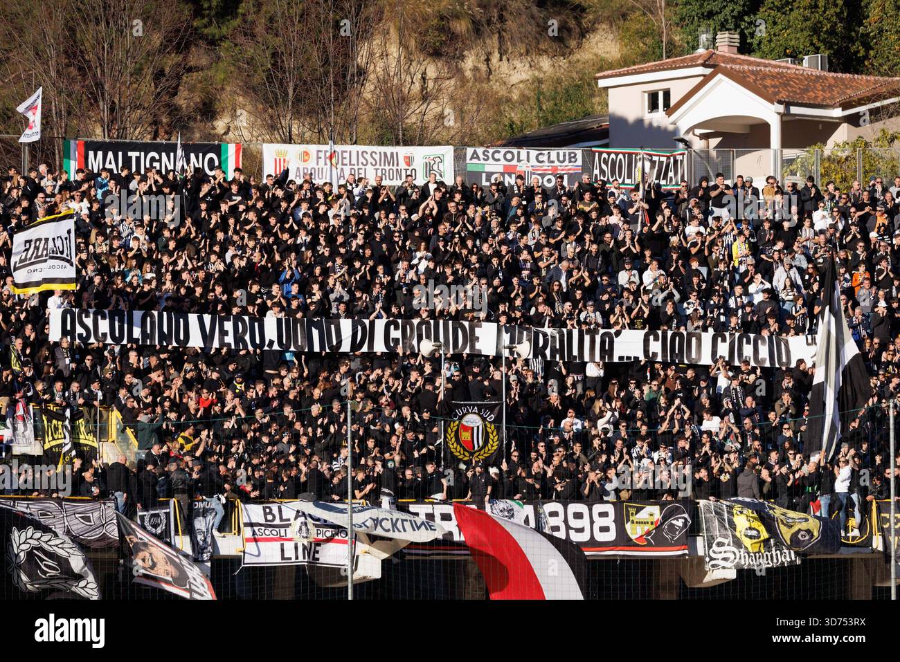 Ascoli supporters display a banner in the curve during the match ...
