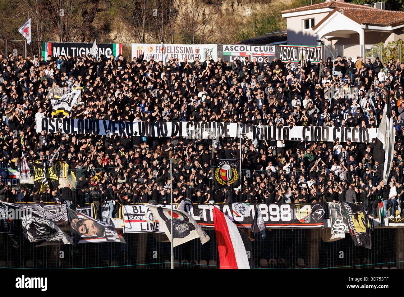 Ascoli supporters display a banner in the curve during the match ...